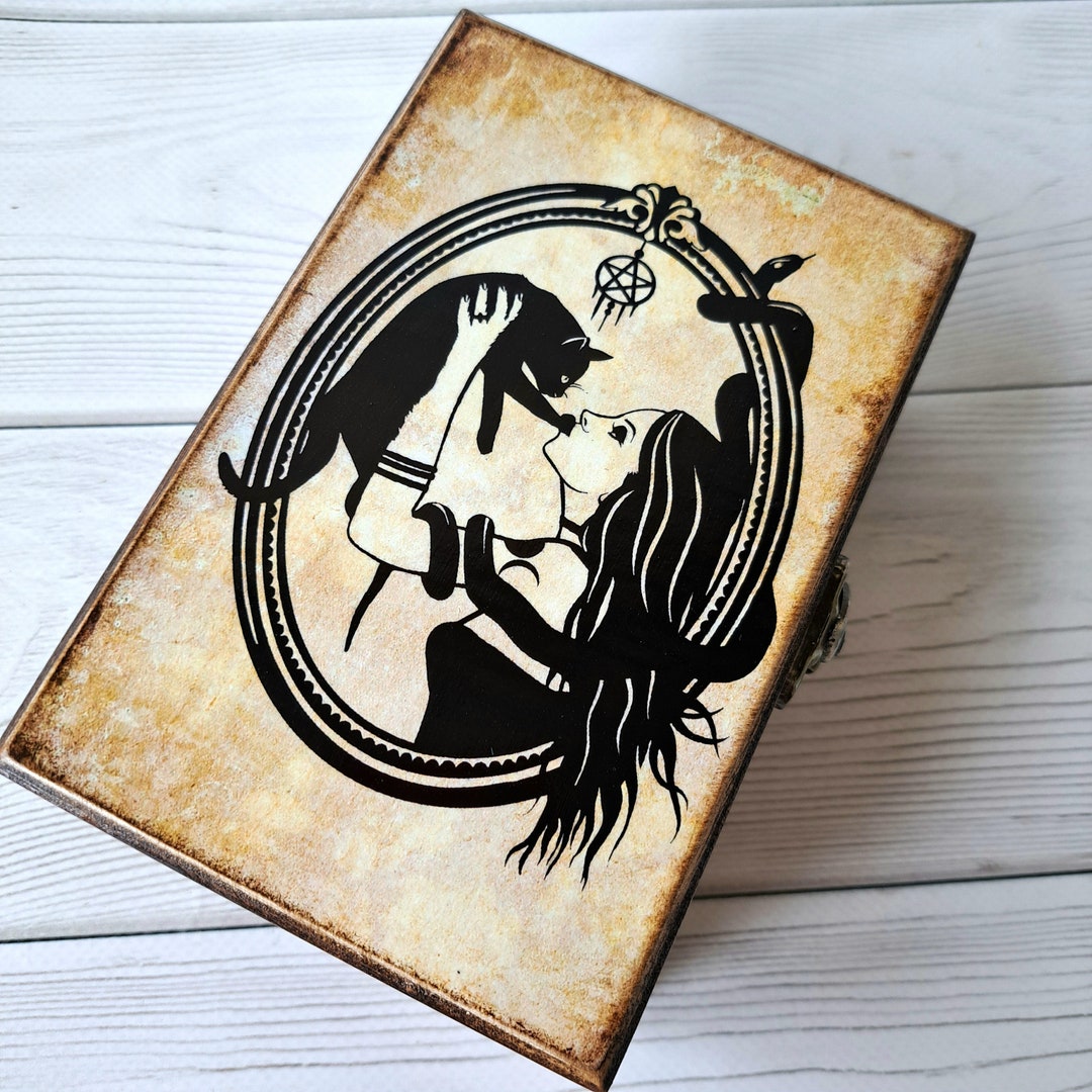 Personalized Wooden Tarot Card Box Witch and Black Cat Wooden Keepsake ...