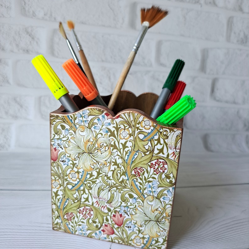 Wooden Pen Holder William Morris Golden Lily Wood Desk Organizer Wooden ...