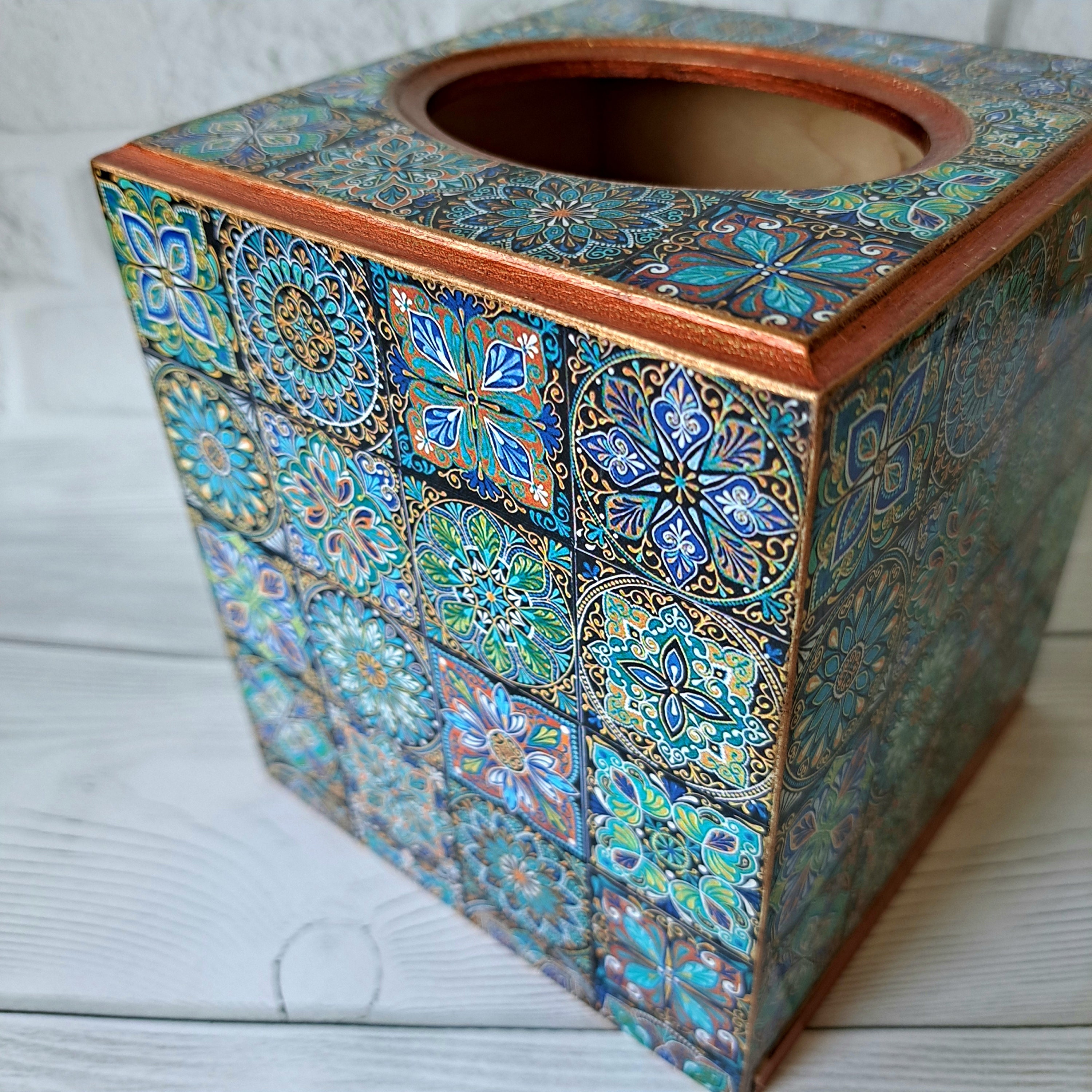 Navy Blue Talavera Tiles Style Tissue Box Wooden Tissue Storage Holder ...