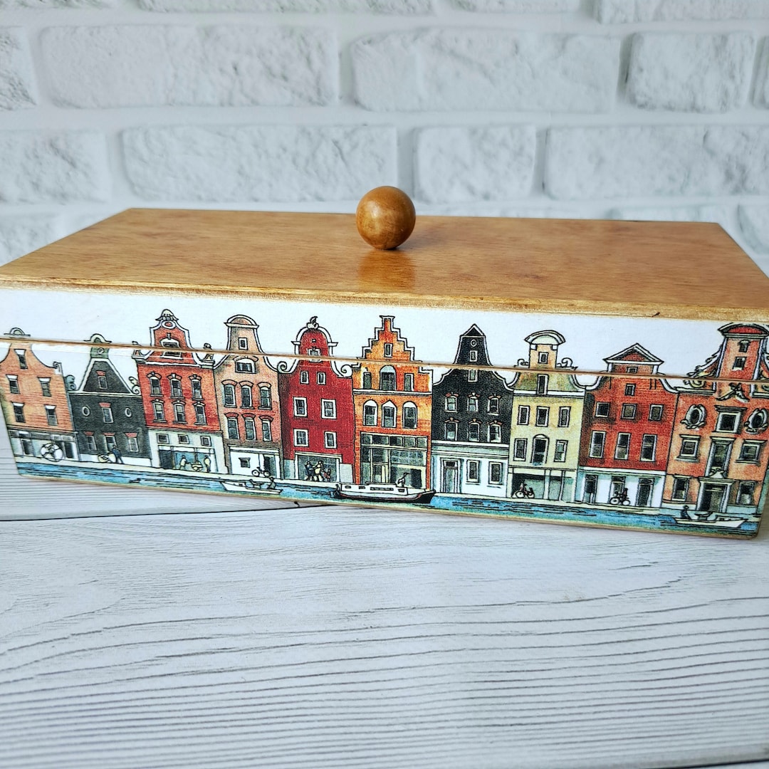Personalized Wooden Tea Box Amsterdam Houses Tea Storage With Slots Tea ...