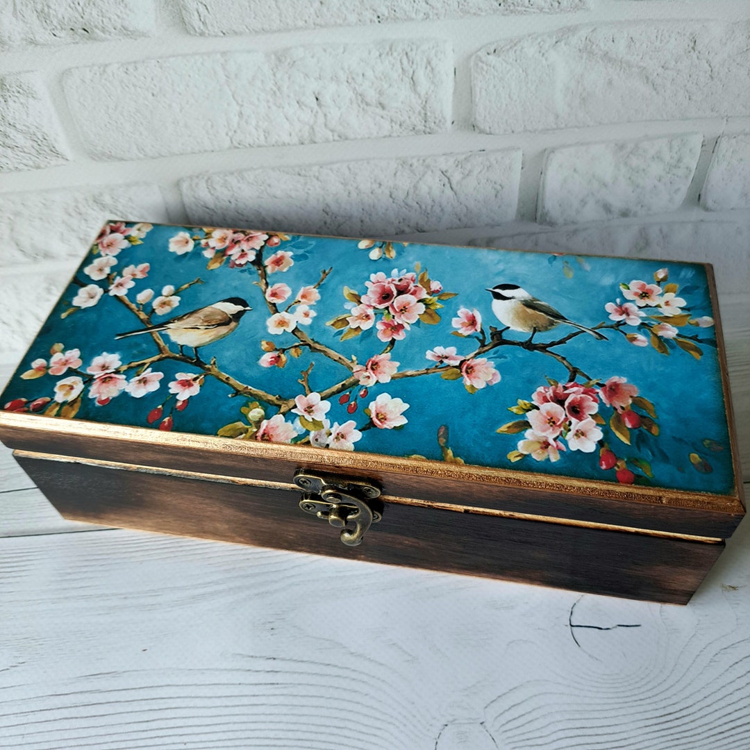 Wooden Tea Box Personalized Tea Bag Organizer Blue Chinoiserie Birds ...