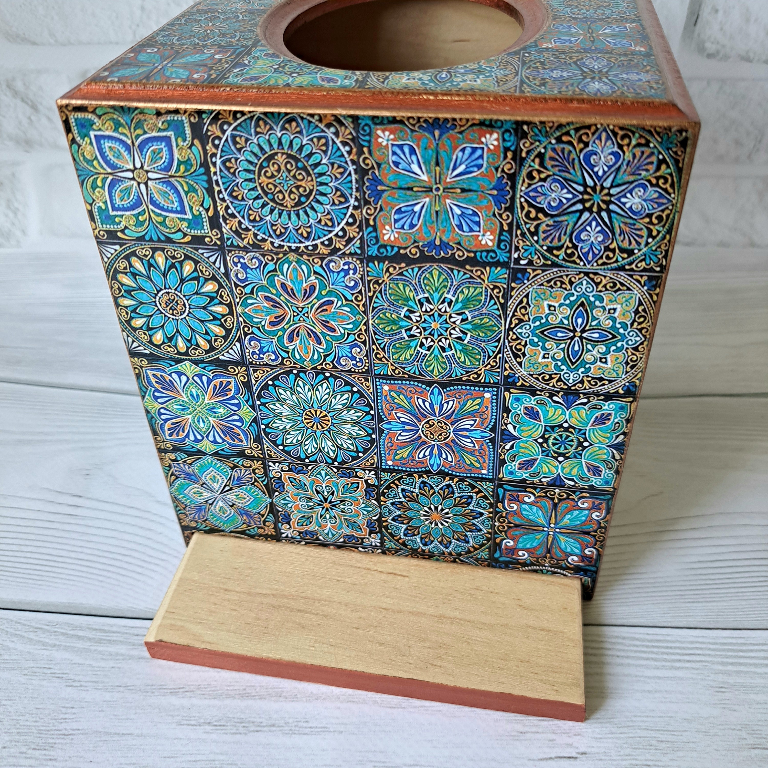 Navy Blue Talavera Tiles Style Tissue Box Wooden Tissue Storage Holder ...