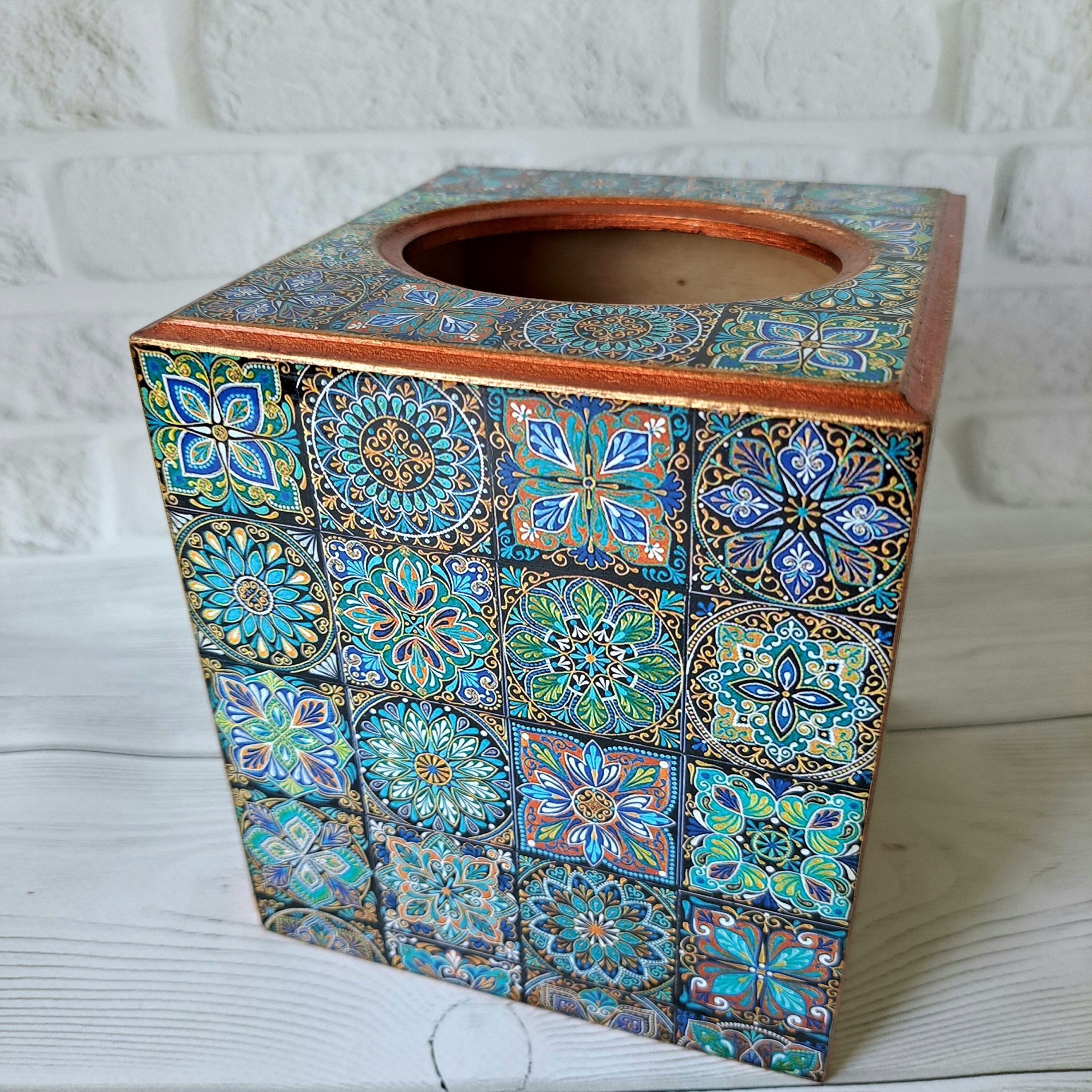 Navy Blue Talavera Tiles Style Tissue Box Wooden Tissue Storage Holder ...