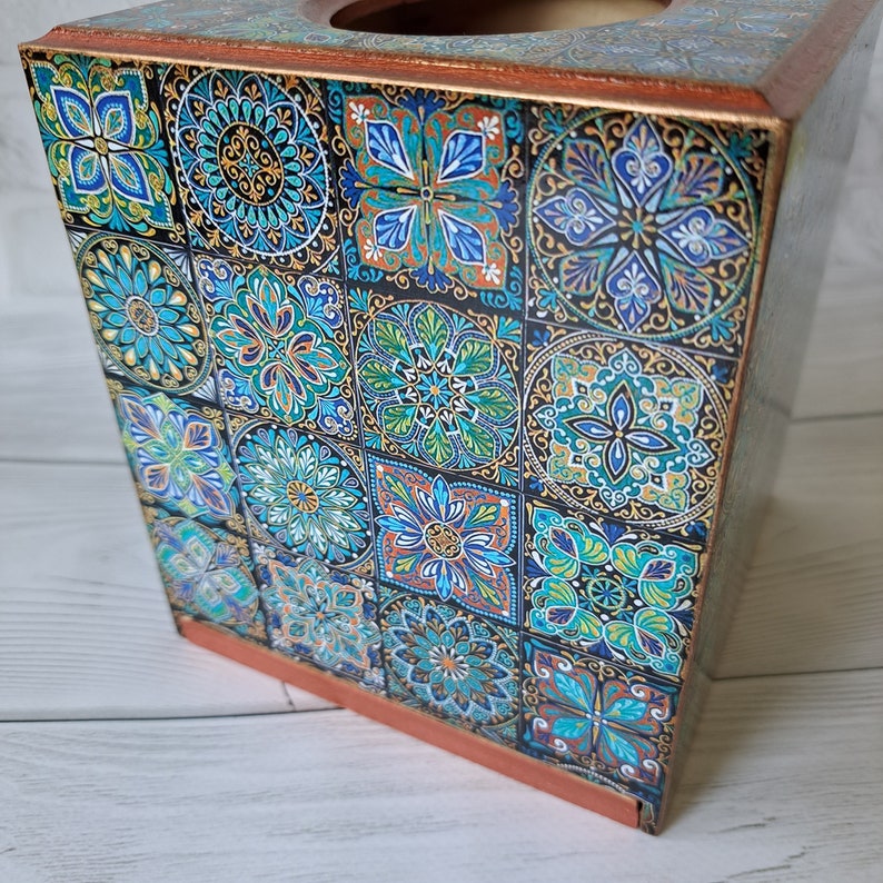 Navy Blue Talavera Tiles Style Tissue Box Wooden Tissue Storage Holder ...