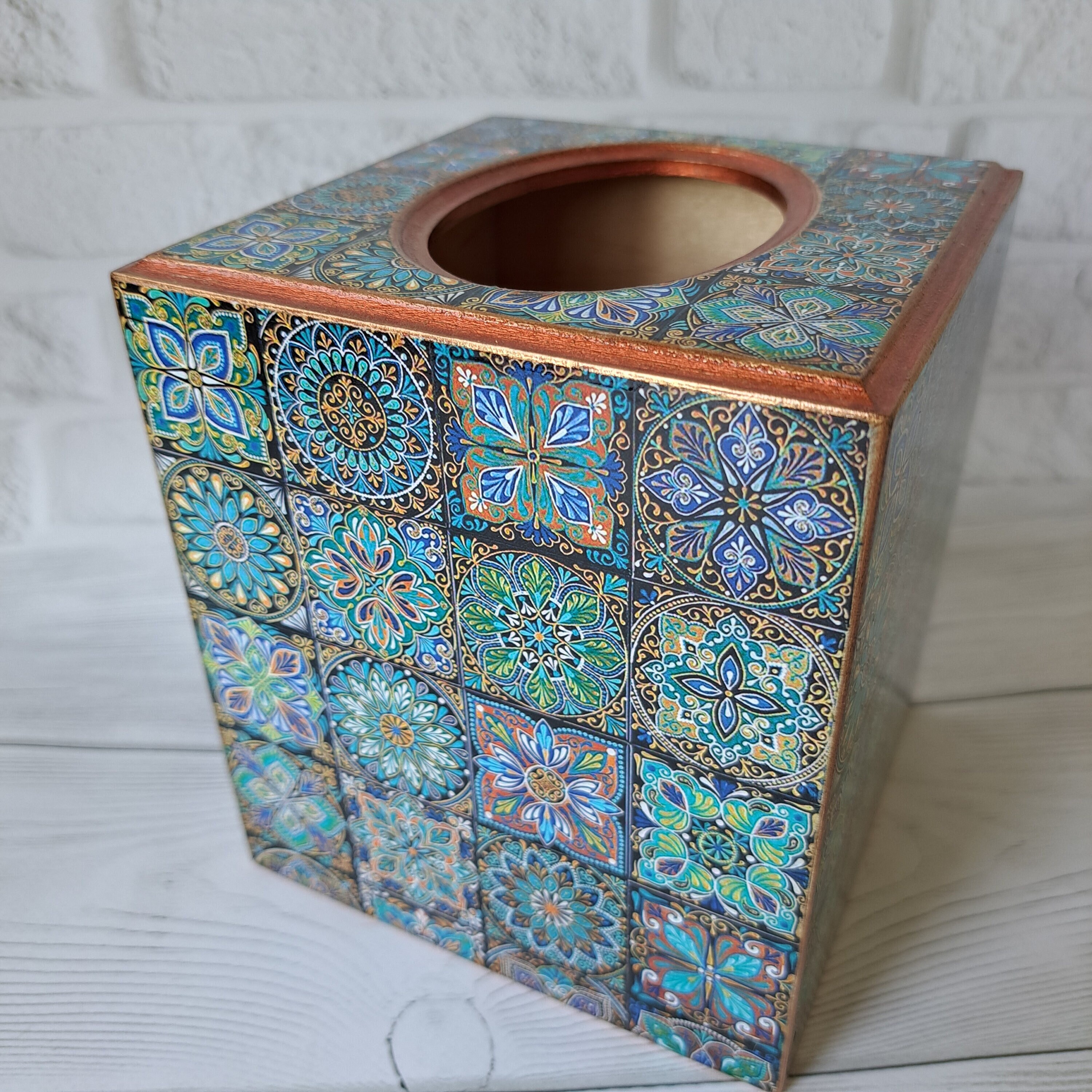 Navy Blue Talavera Tiles Style Tissue Box Wooden Tissue Storage Holder ...