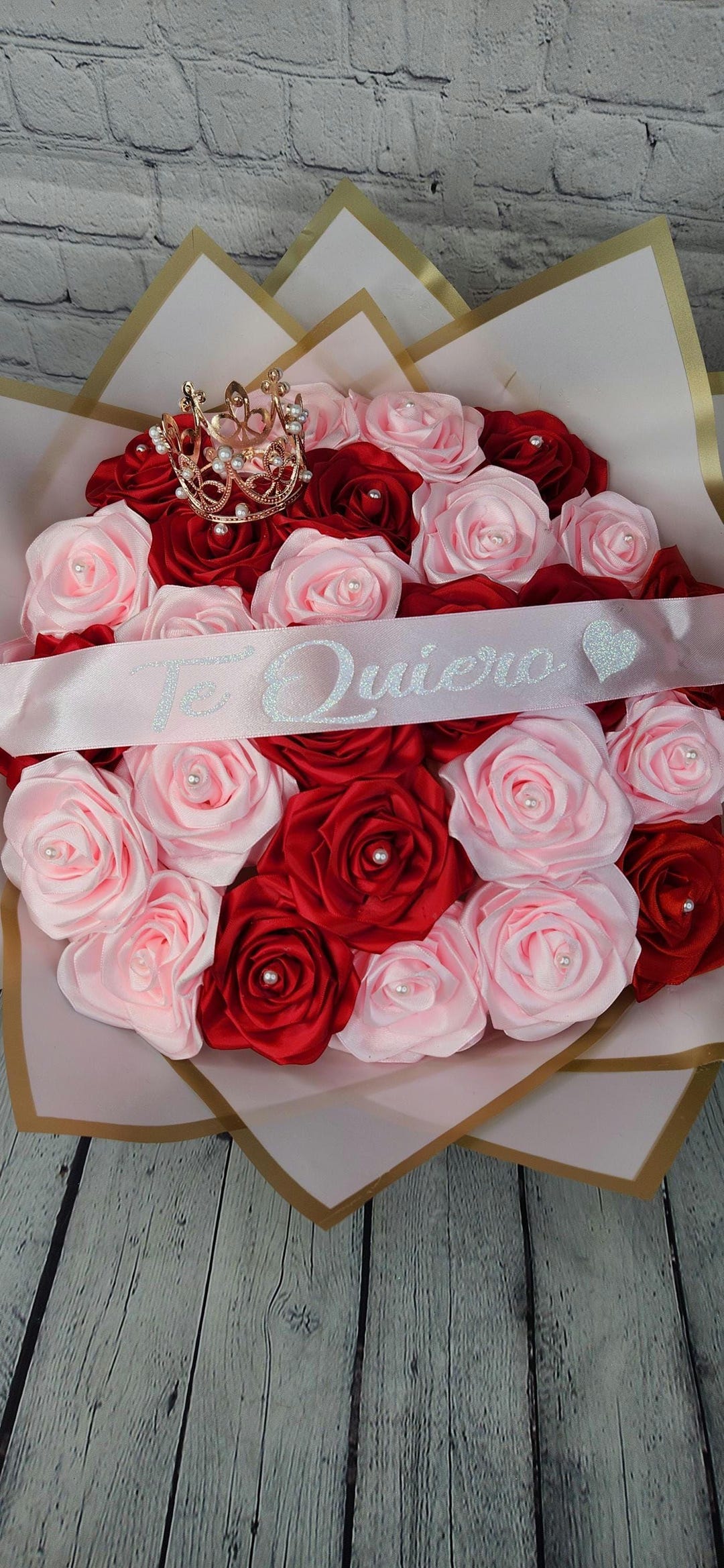 Eternal Rose Ribbon Bouquet 2 Dozen Roses With Pearls, Tiara and ...