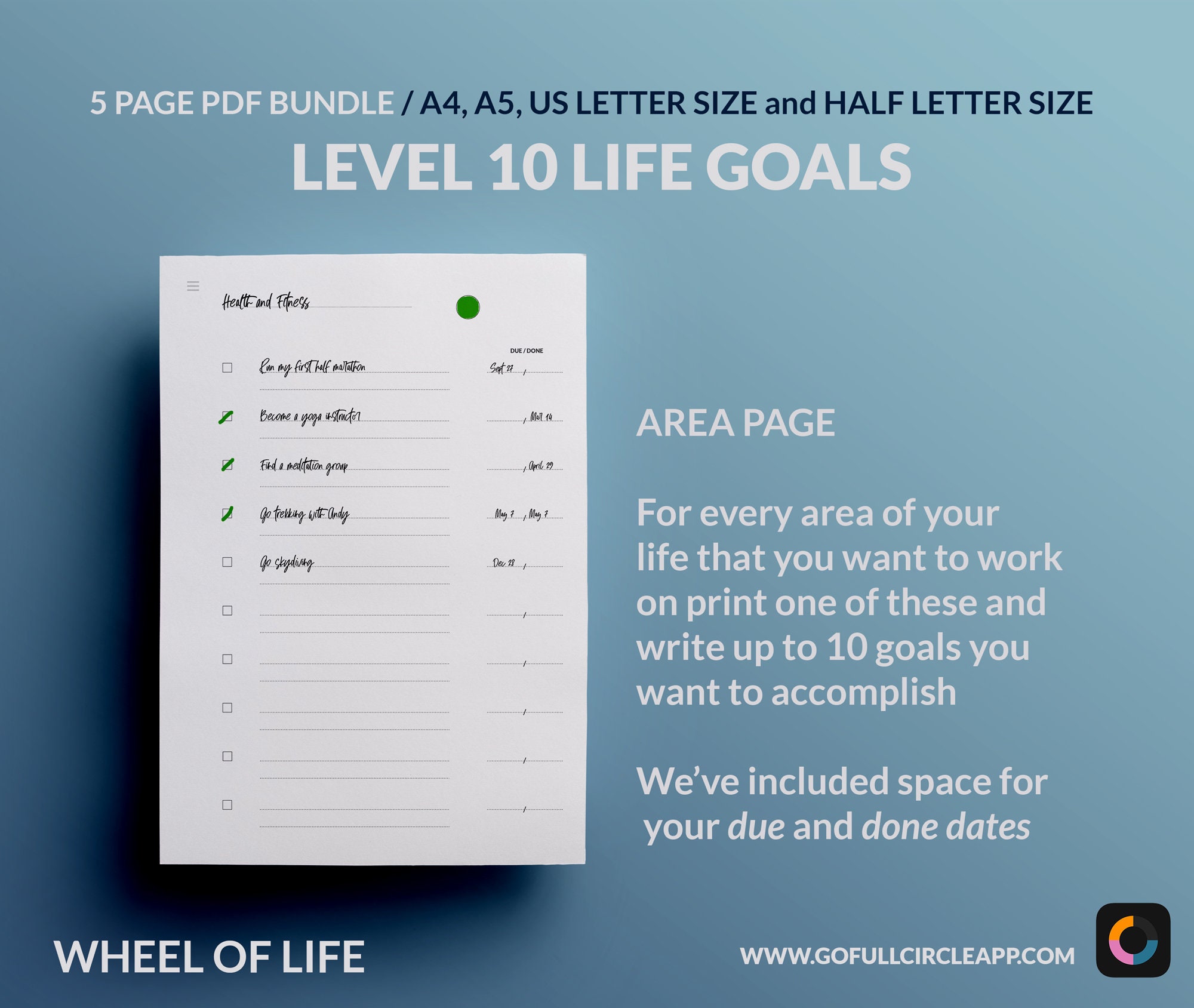 Level 10 Life Printable PDF, Goal Planner, Wheel of Life. Standard ...