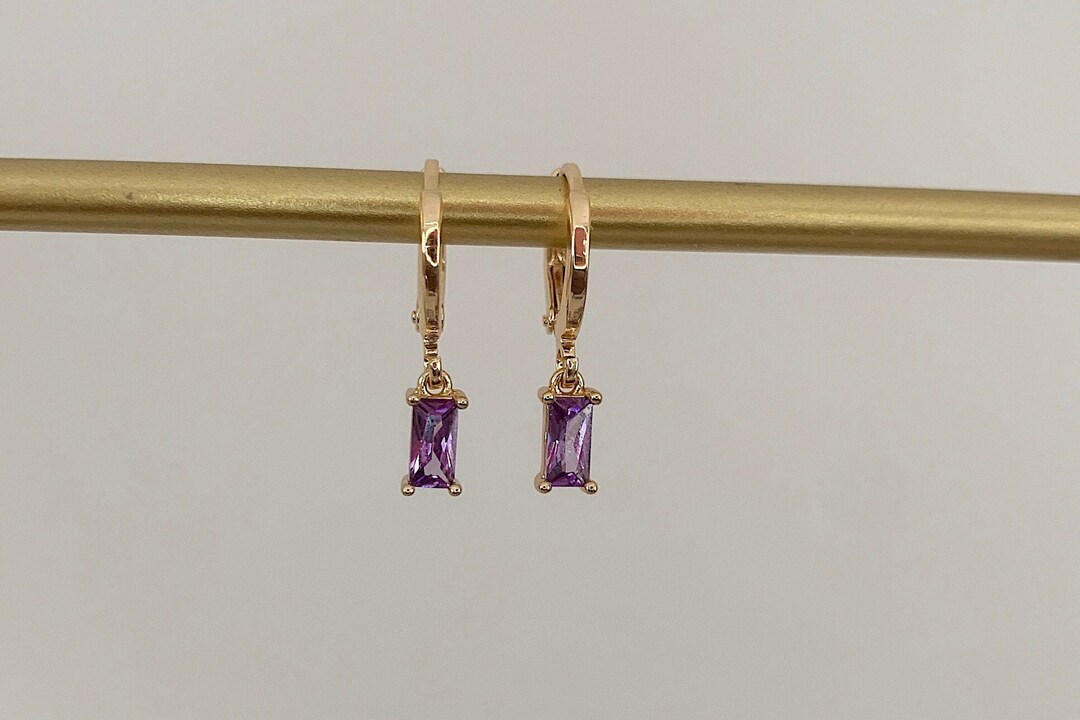 Purple Baguette Huggies, Gold Filled Huggie Hoop Earrings, Purple ...