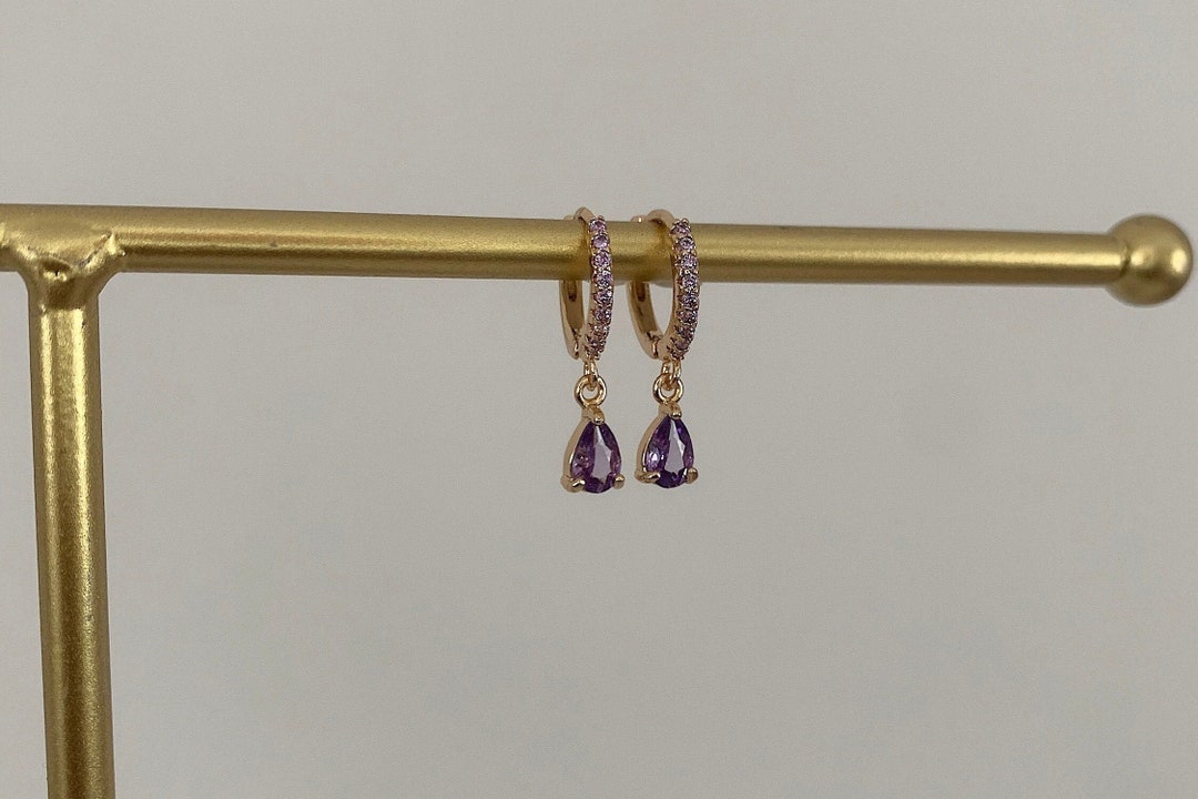 Purple Teardrop Diamond Huggies, Gold Plated Huggie Hoop Earrings, Pear ...