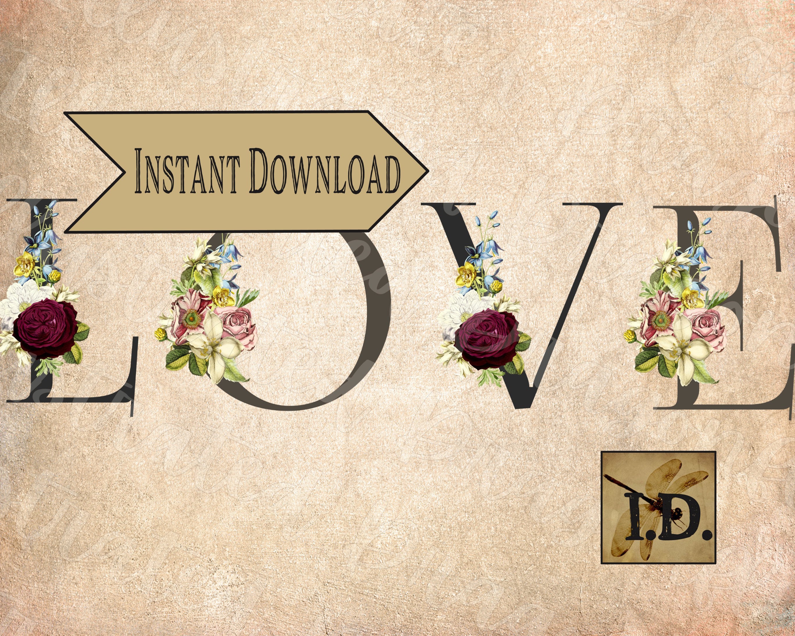 Floral Valentine LOVE Word Printable Wall Art Digital Instant Download ...