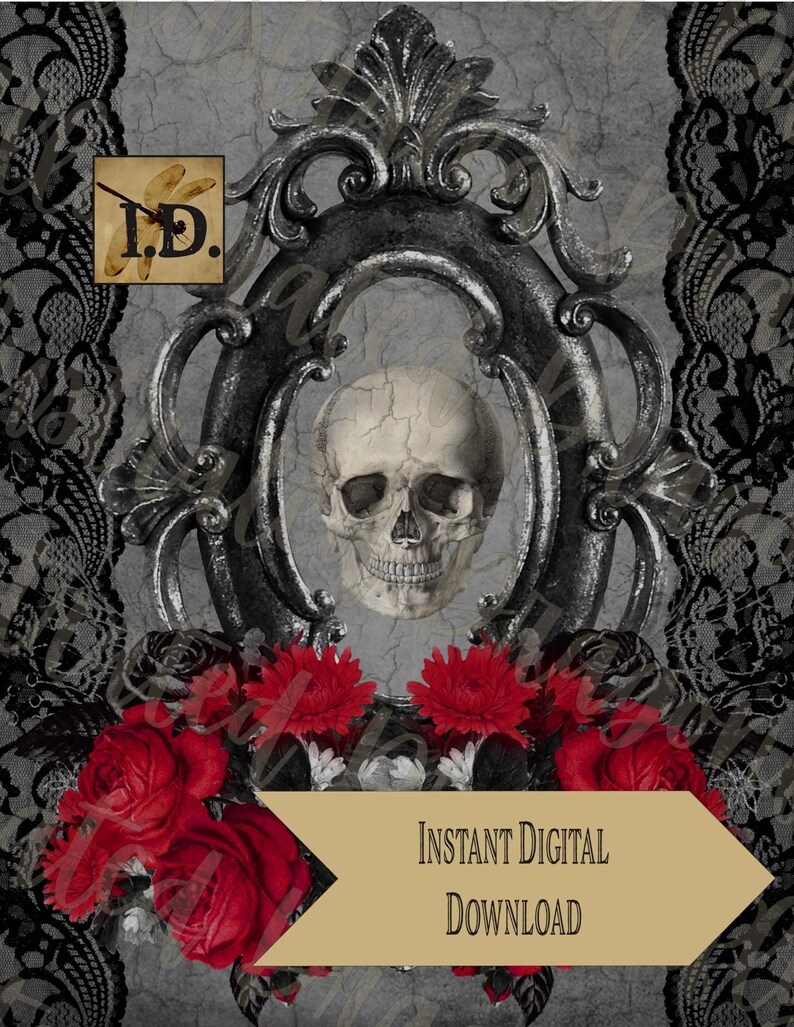 Gothic Halloween Lace Skull and Roses Printable Digital Download Clip ...