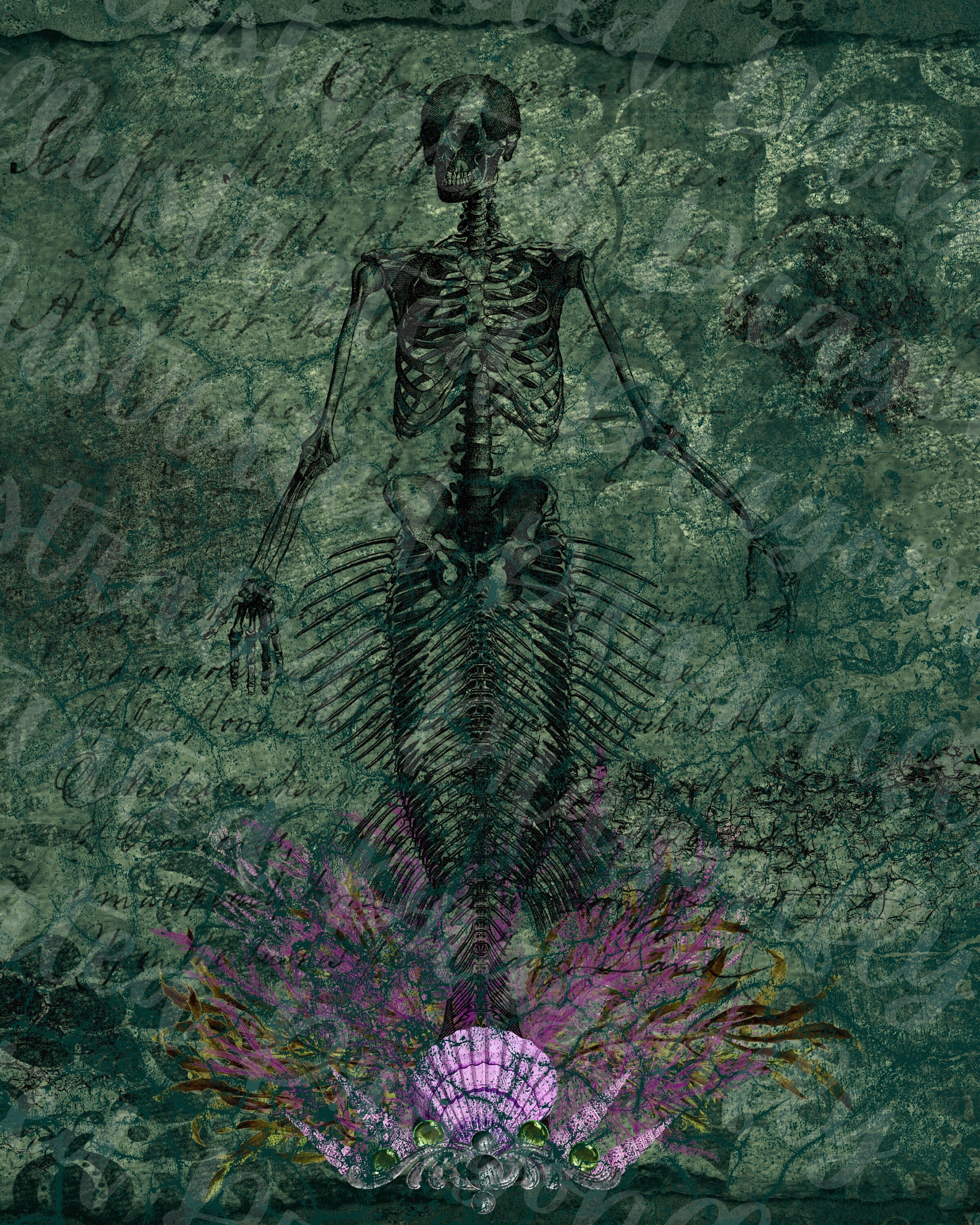 Mermaid Skeleton With Script Digital Printable Download Clip Art Fabric ...