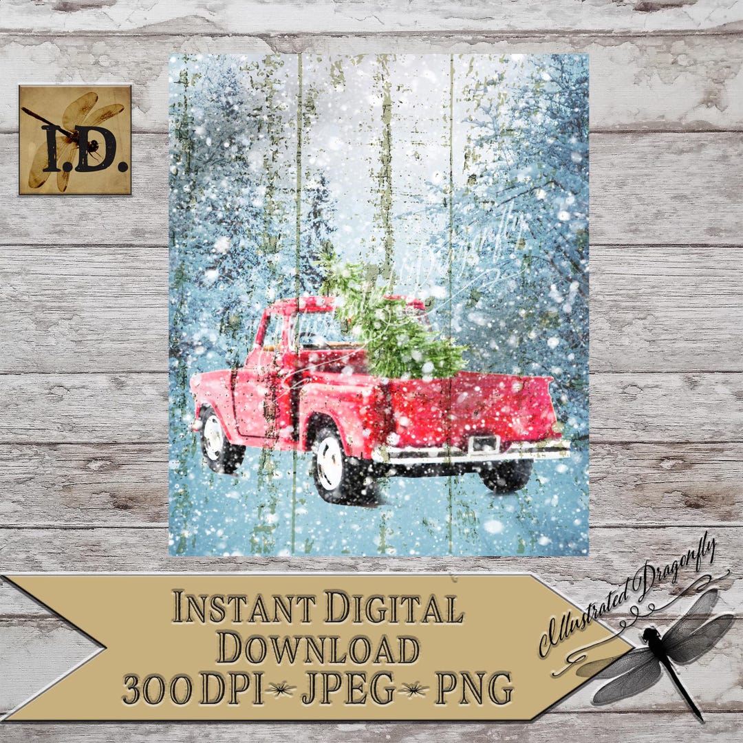 Rustic Holiday Vintage Red Christmas Tree Truck Art Print Instant ...