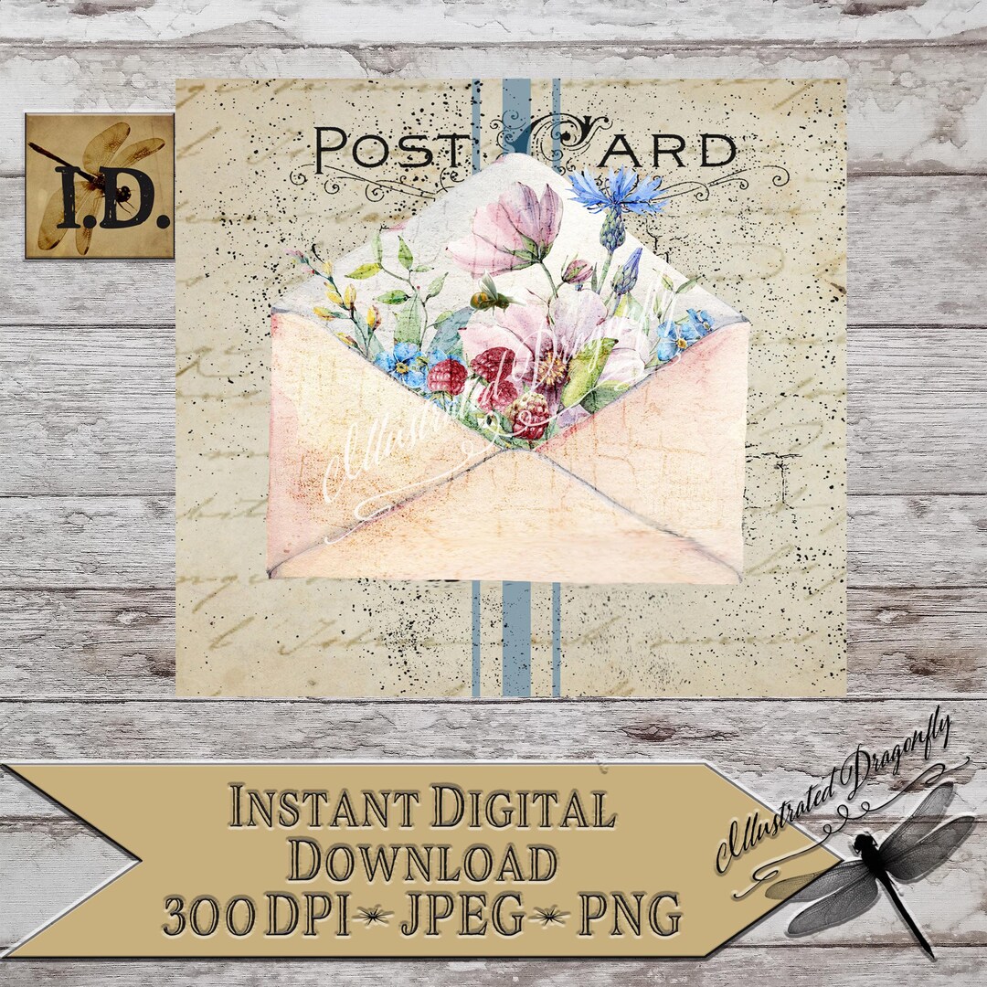 Flower & Envelope Post Card Printable Digital Download Clip Art ...