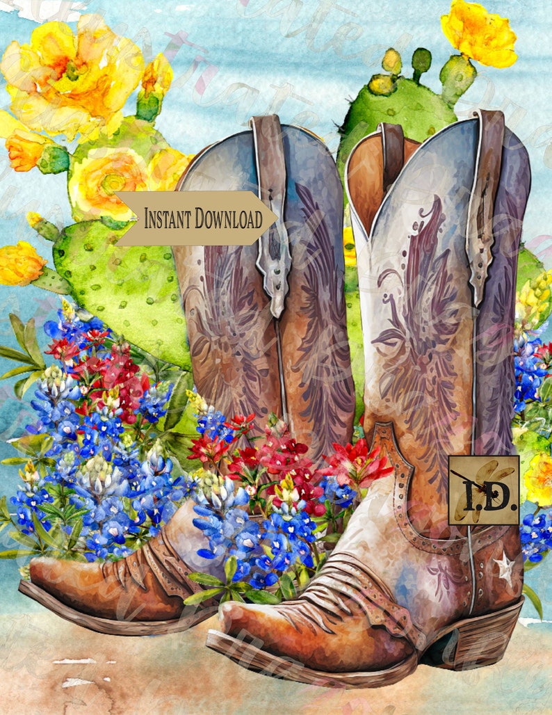 Country Rustic Farmhouse Texas Bluebonnet Cactus Flowers Boots ...