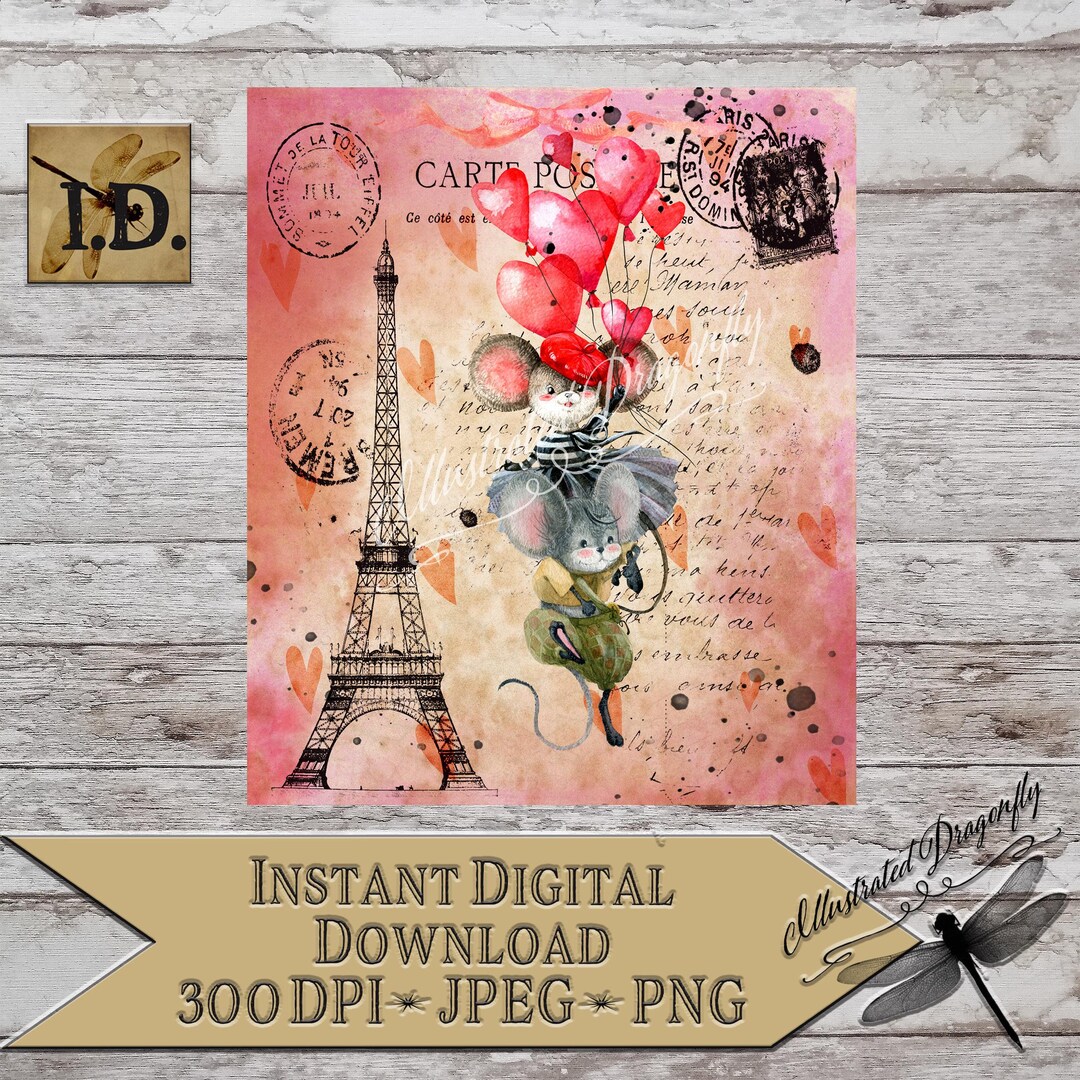 Romantic French Mouse Postcard Printable Valentine's Day Art Instant ...