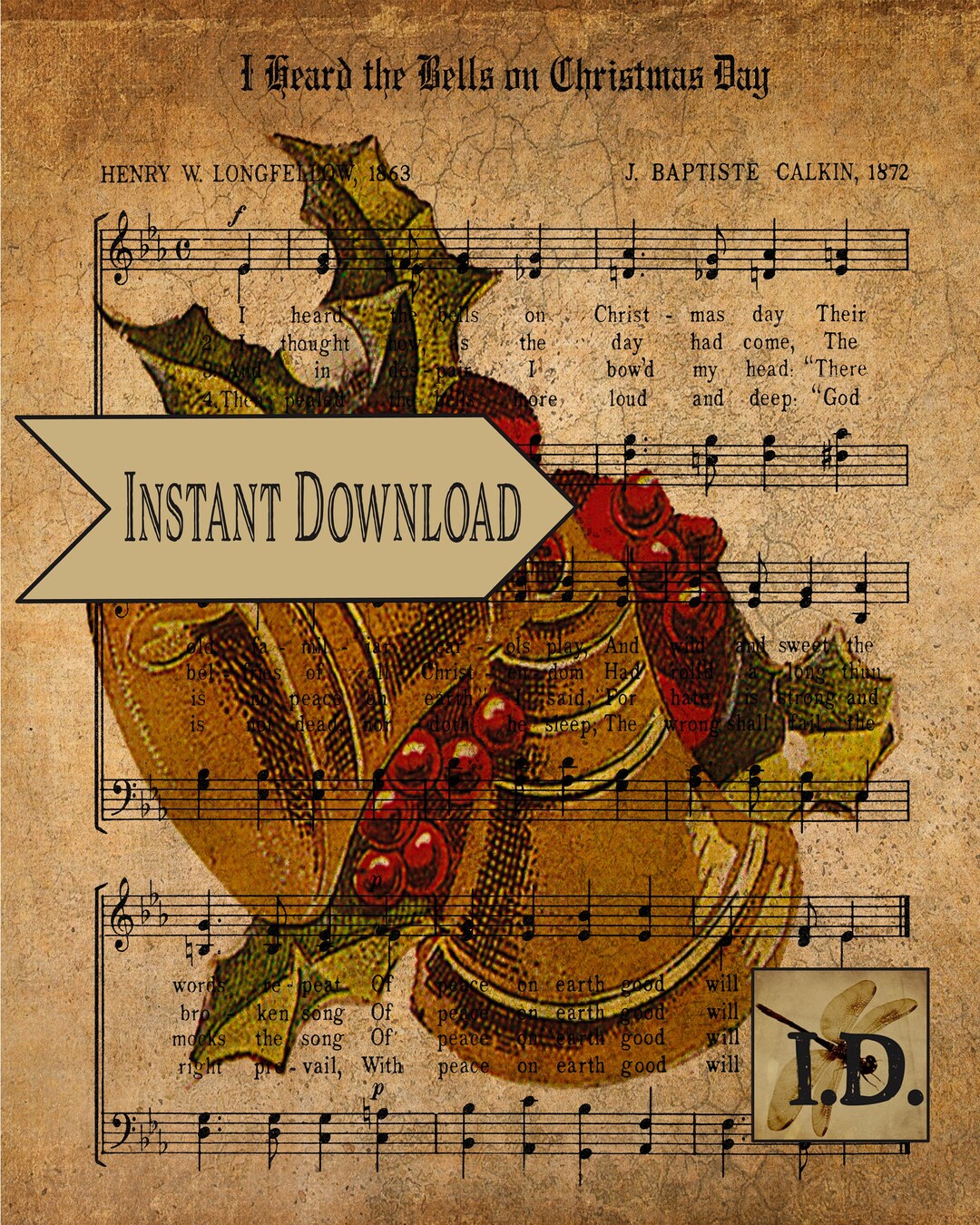 Vintage Christmas Bells Music Printable Art Instant Download Digital ...