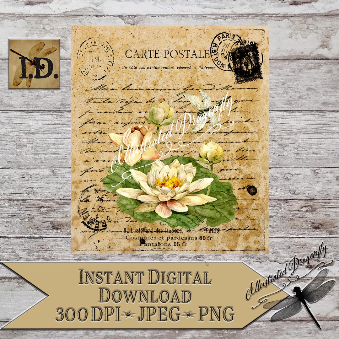 Dragonfly and Lotus Flower French Carte Postale Ephemera Printable ...