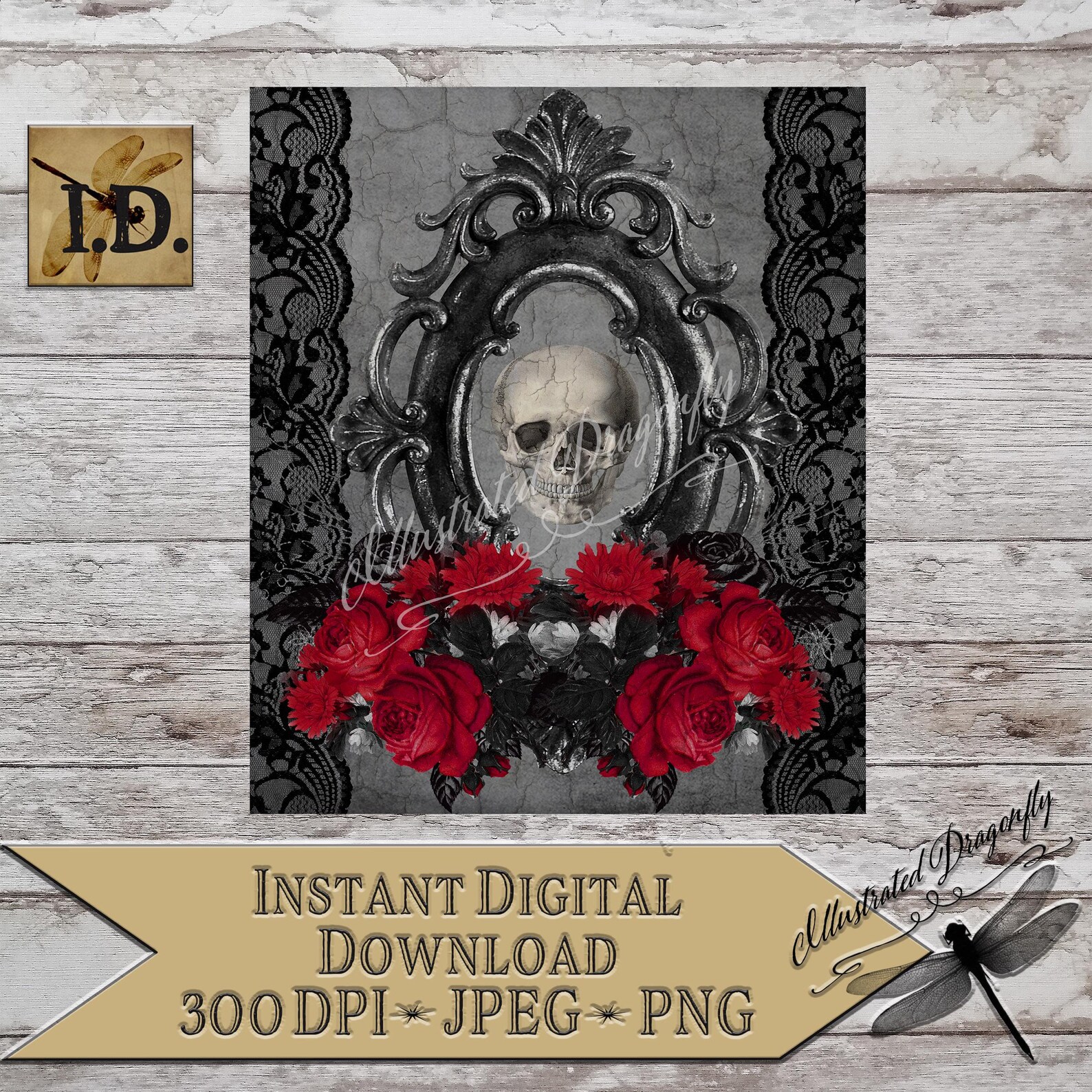Gothic Halloween Lace Skull and Roses Printable Digital Download Clip ...