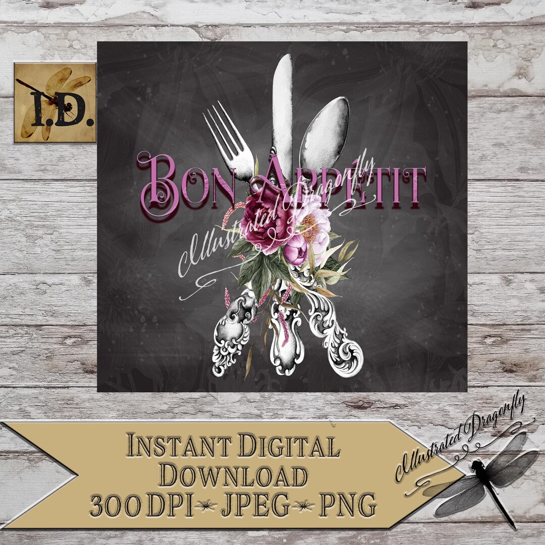 Bon Appetit Floral Utensil Chalkboard Printable Digital Instant ...