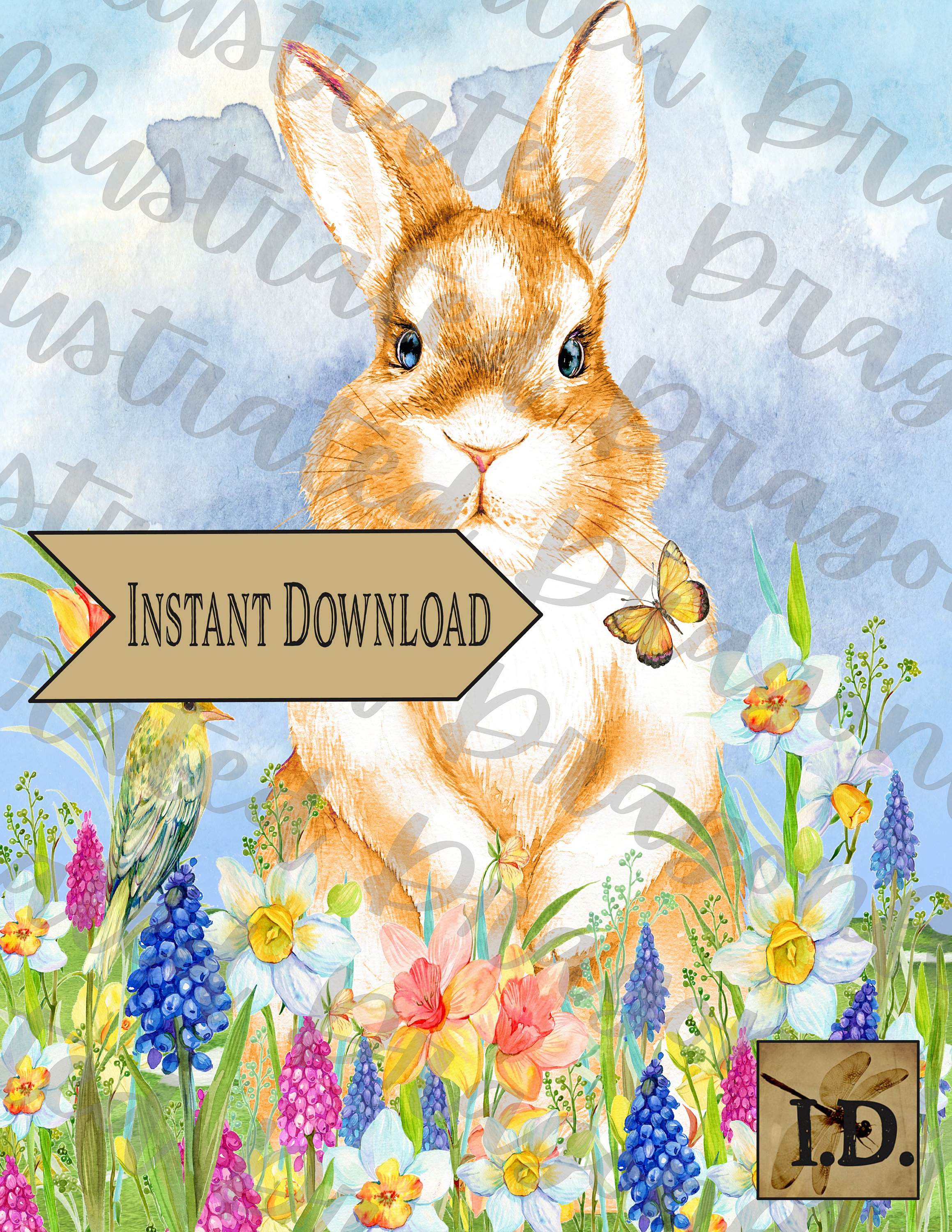 Easter Bunny Floral Spring Printable Digital Image Download Clip Art ...