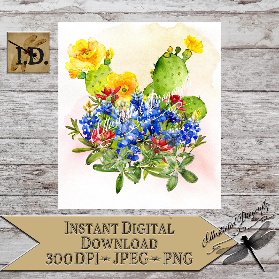 Texas Bluebonnet & Cactus Printable Art - Rustic Farmhouse Country ...