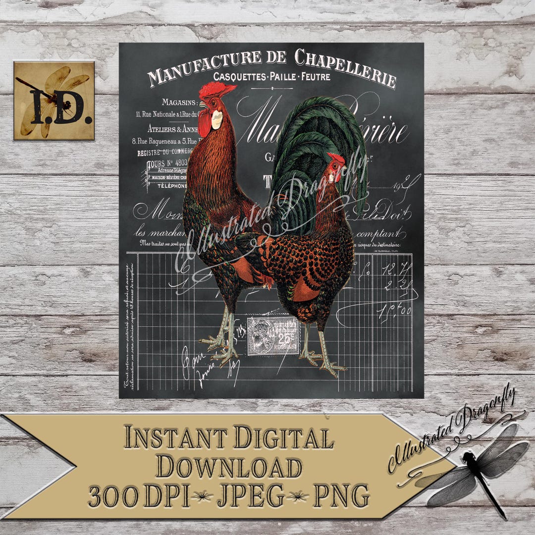 French Country Farmhouse Chalkboard Art - Rooster & Hen Print ...