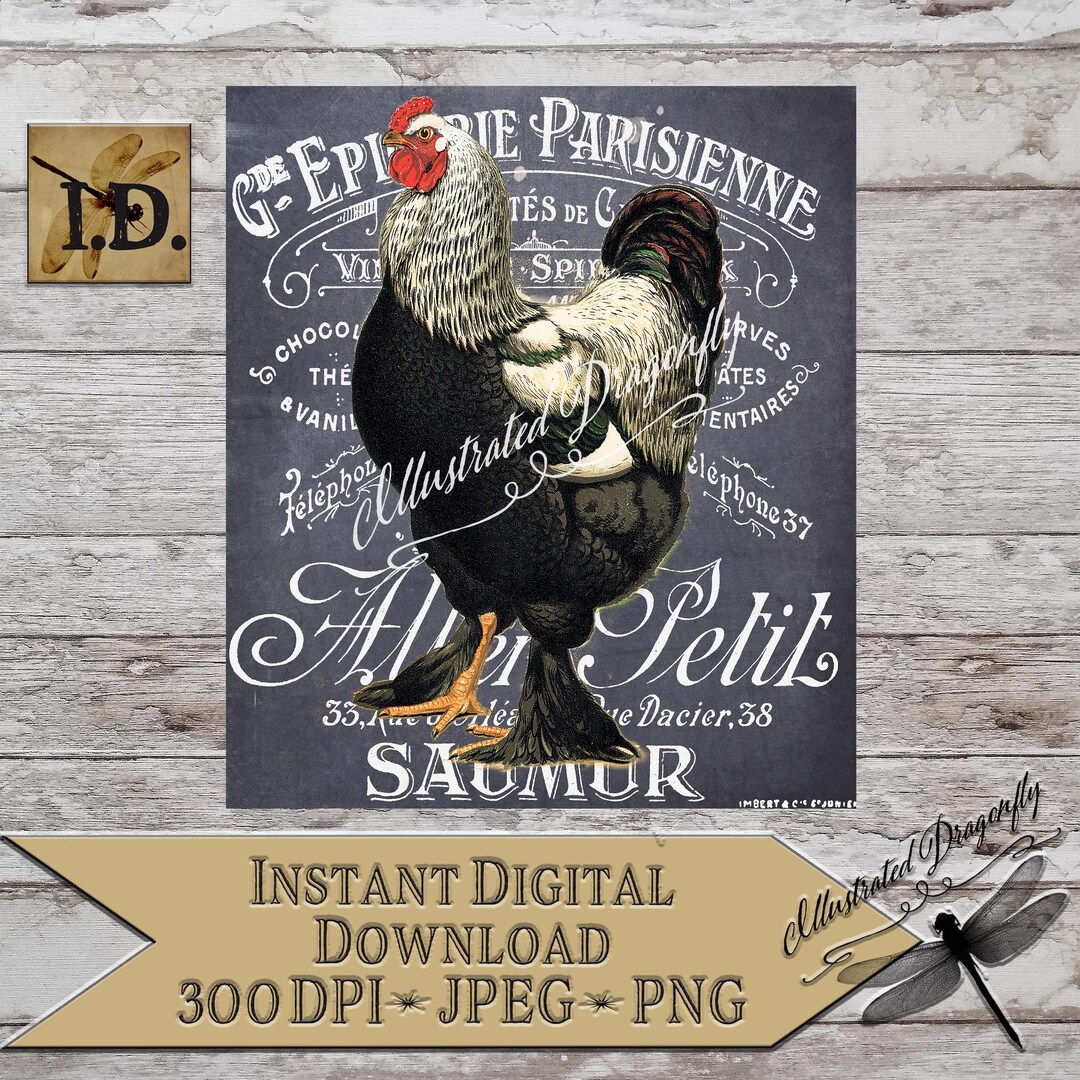 Vintage Rooster Chalkboard Printable French Ephemera Digital Download ...
