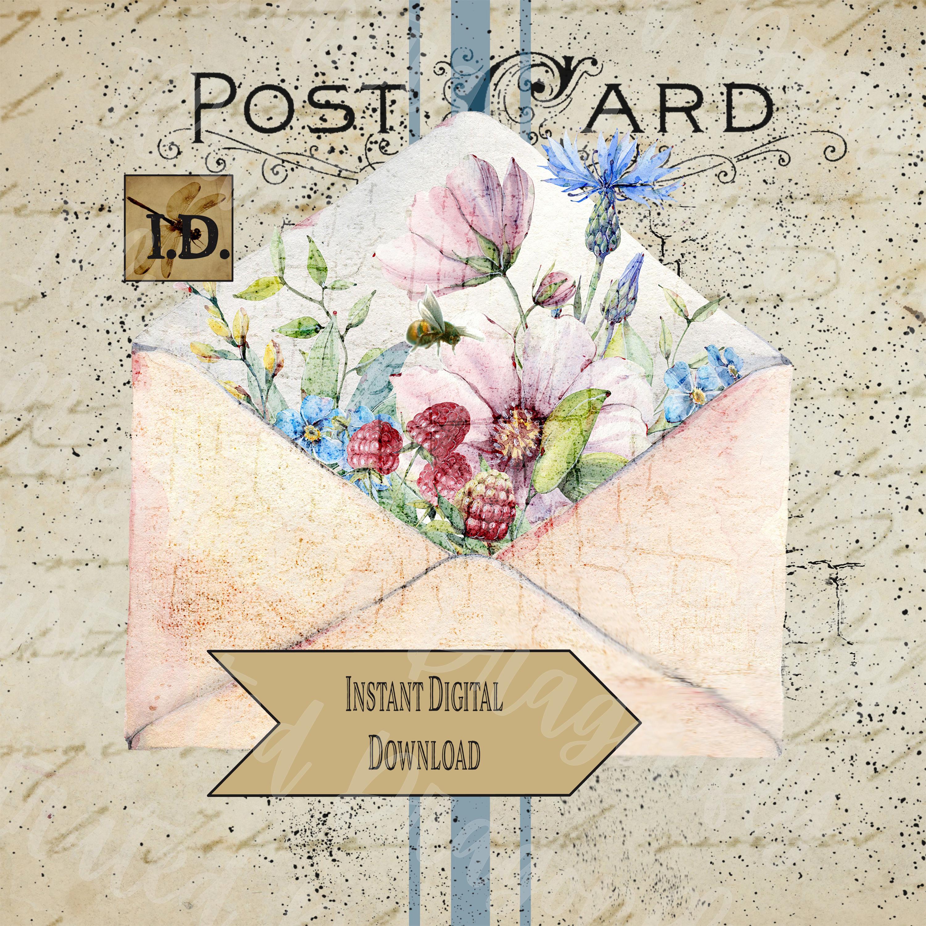 Flower & Envelope Post Card Printable Digital Download Clip Art ...