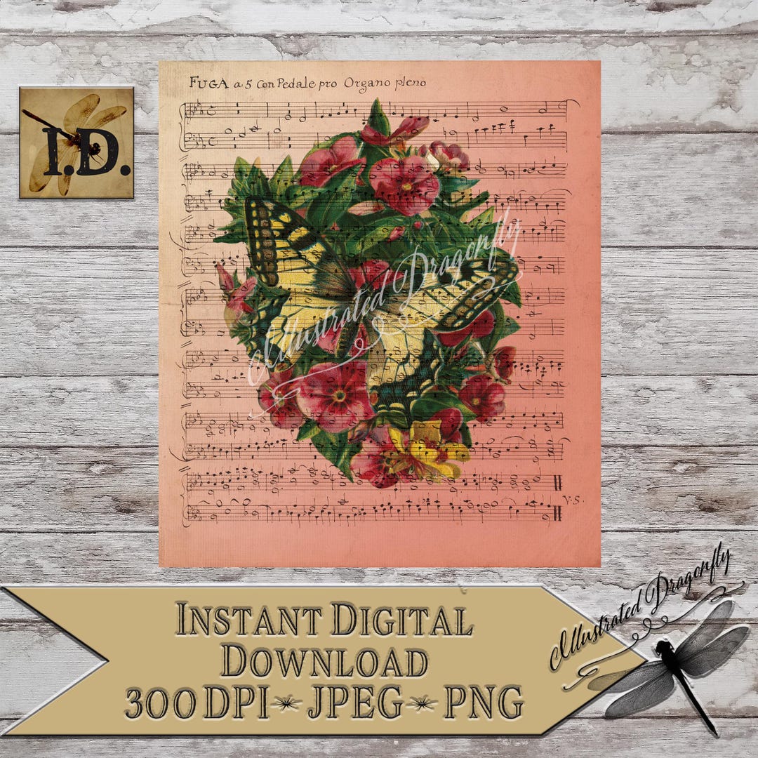 Vintage Musical Ephemera Floral Clip Art Instant Download Butterfly ...
