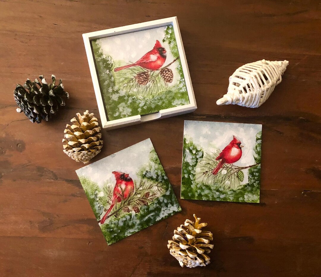 Set of 6 Wooden Red Cardinal Coaster|hand Painted Christmas Bird ...