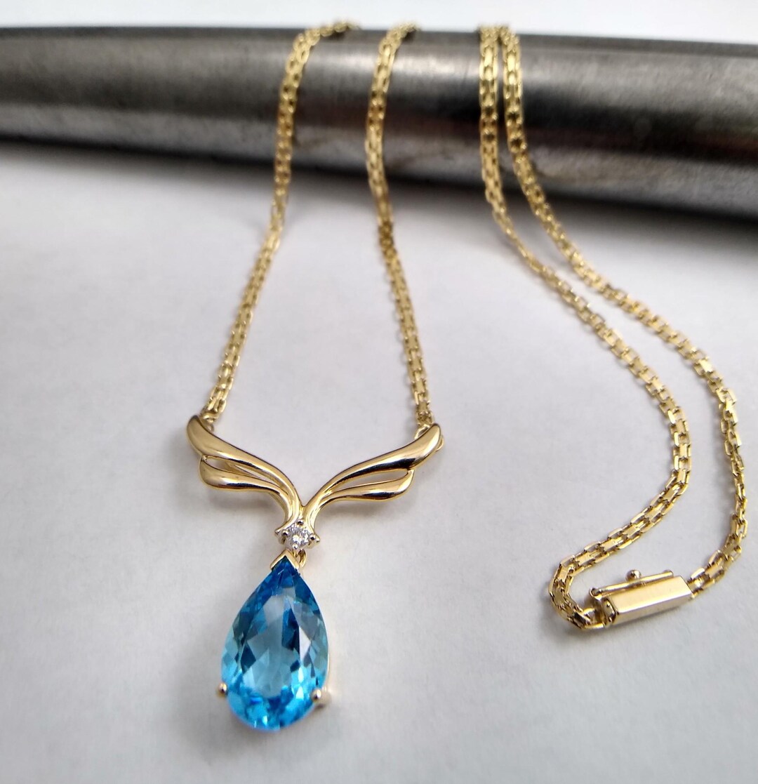 14K Yellow Gold Vintage Pear Shape Blue Topaz Enhancer Necklace - Etsy