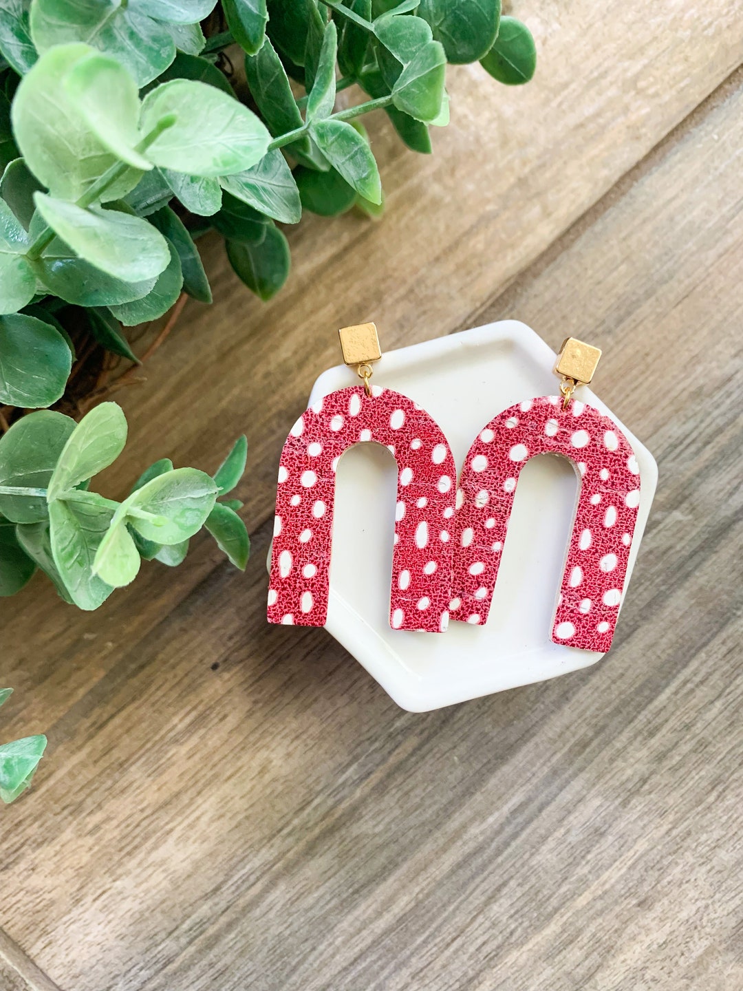 Deep Red & White Dots Cork Genuine Leather + Square Stud Brass| Brass ...