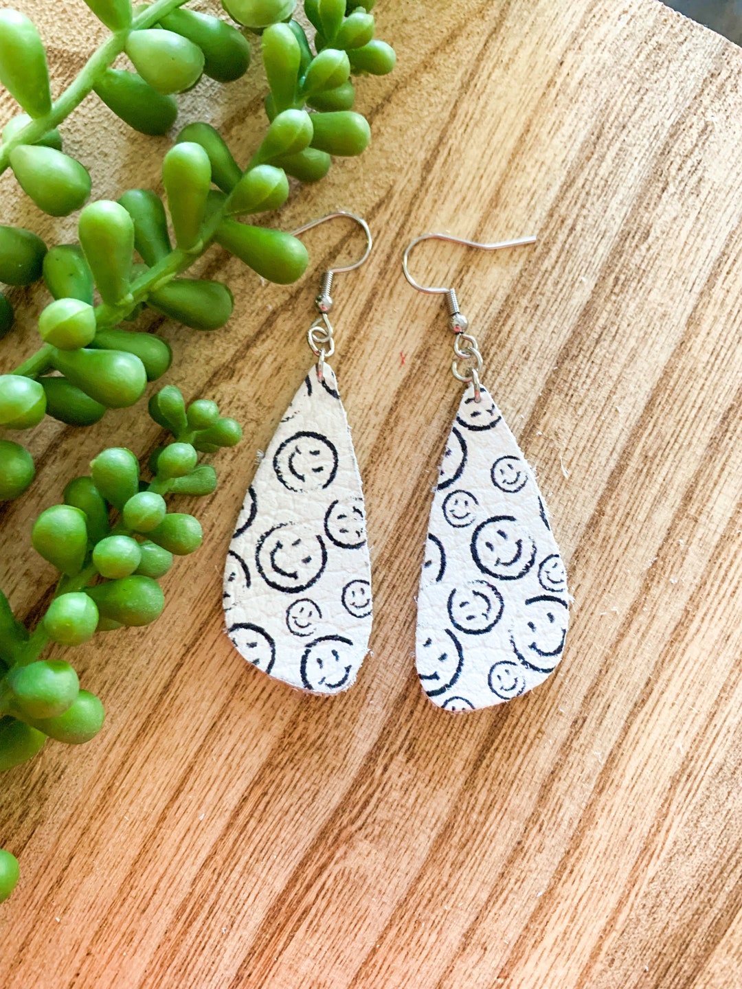 Angled Bar Smiley Faces| Happy Genuine Leather Earrings| Dangle ...