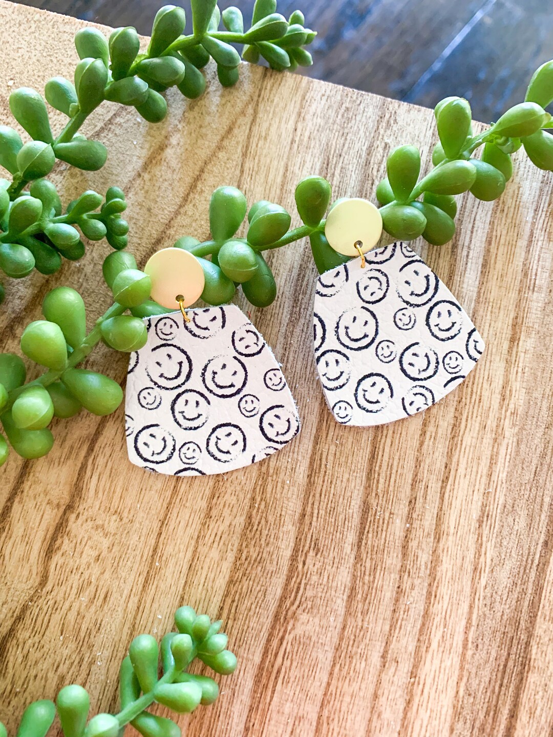 Black and White Smiley Faces| Genuine Leather Earrings| Circle Brass ...