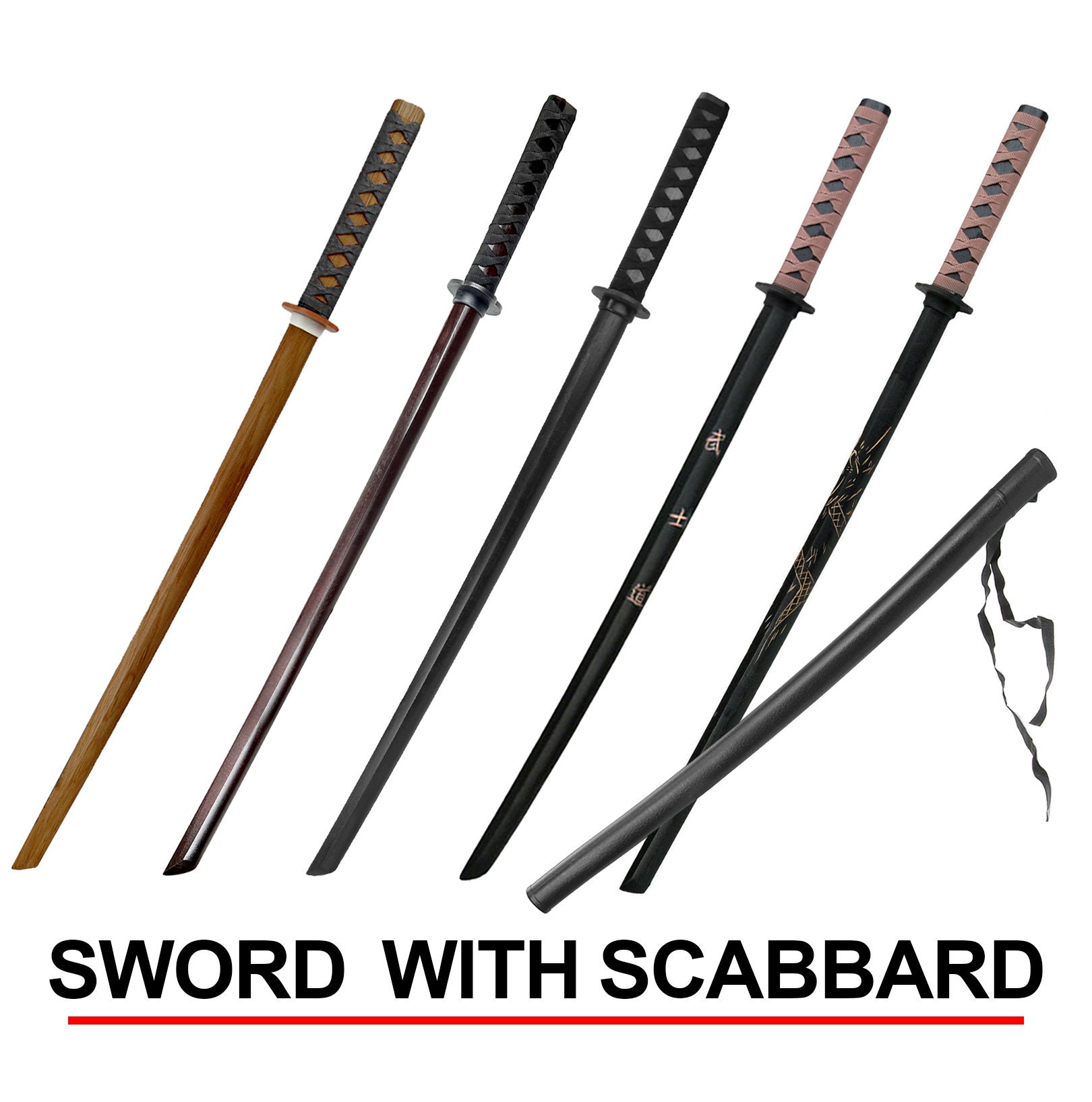 Bokken With Plastic Scabbard Black Wooden Marron Natural Sword Wooden ...