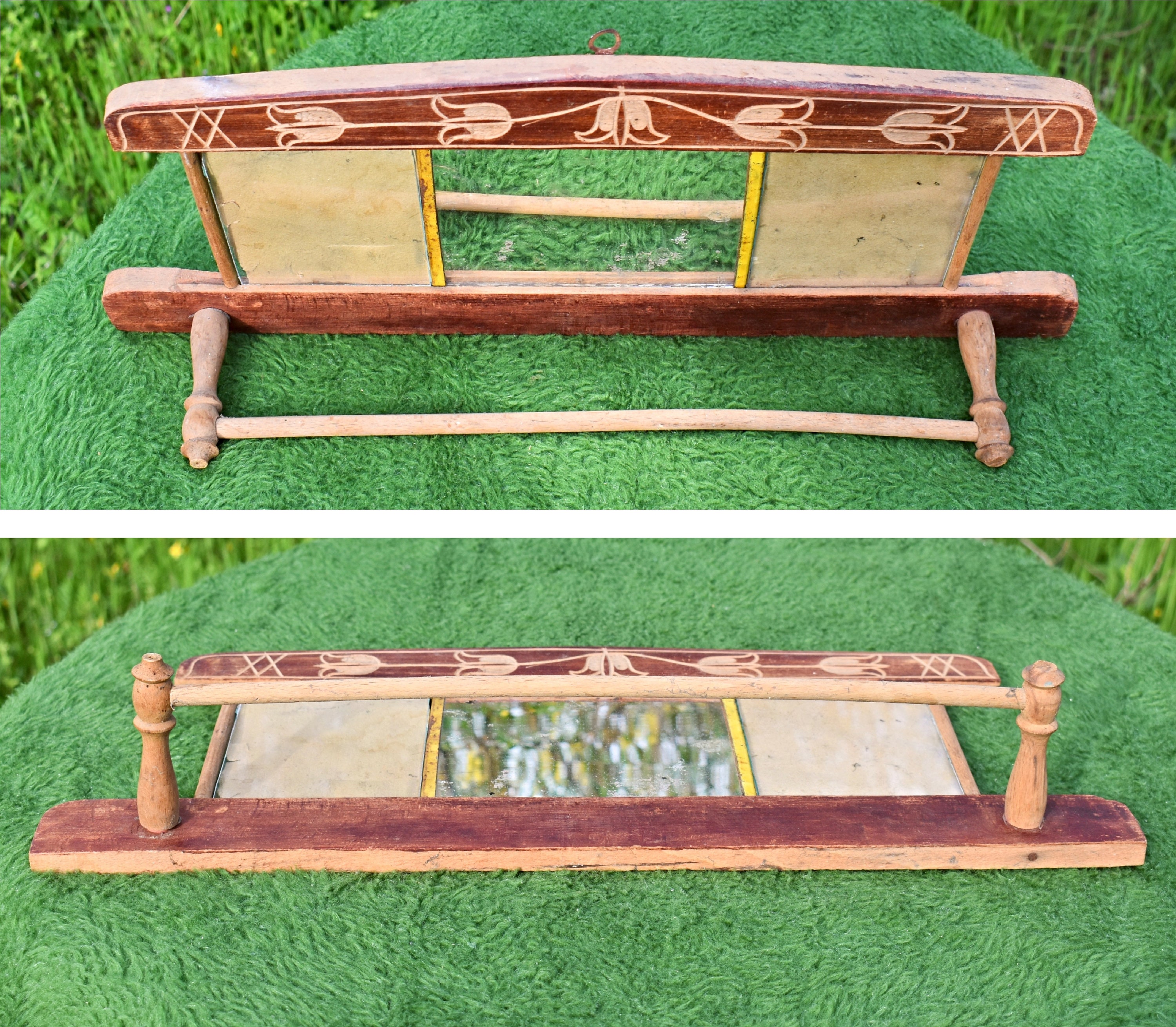 Antique Wooden Mirror, Primitive Wooden Mirror With Rack Hangers ...