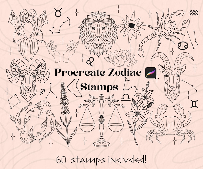 Zodiac Procreate Stamps: Astrology Tattoo Brushes (60 Pack) - Etsy