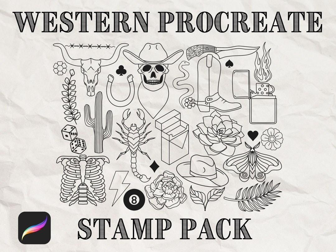 Western Procreate Stamps: Cowboy Tattoo Brushes Bundle (digital ...