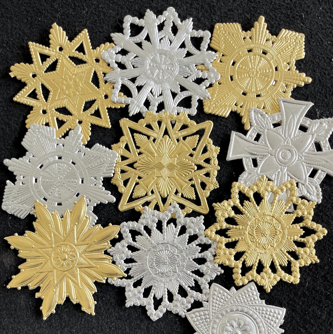 10 Dresden Trim Paper German Gold Silver Star Snowflake Medallions ...