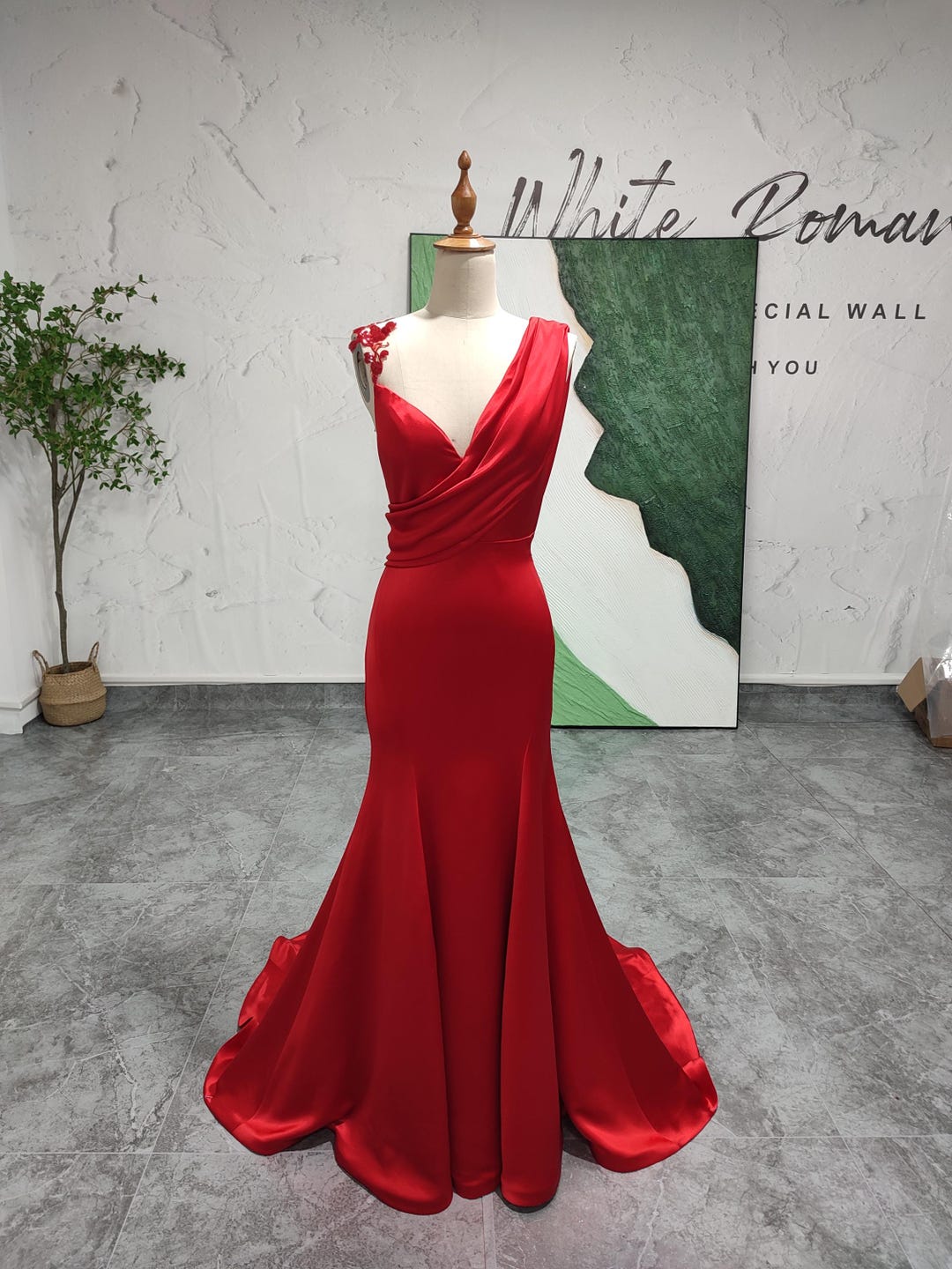 Red Satin Wedding Dress: Lace Bodice, Custom Size - Etsy