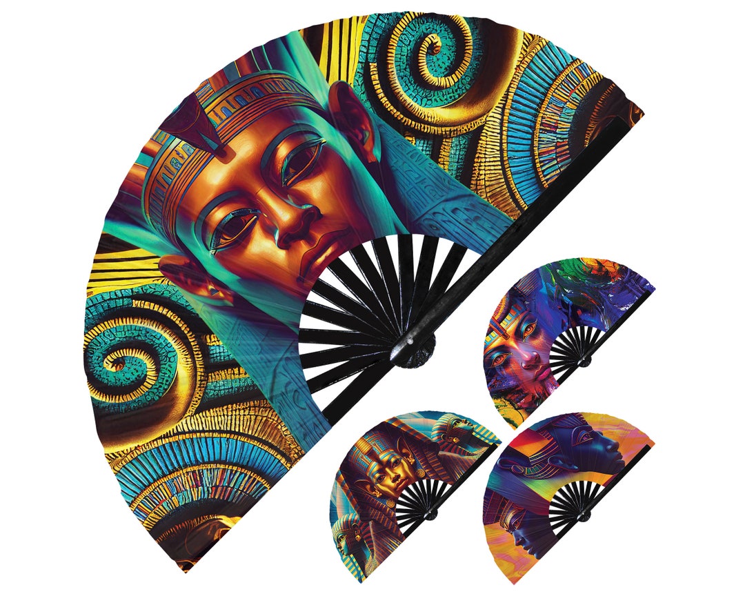 Egyptian Pharaoh Hand Fan Foldable Bamboo Circuit Rave Hand Fans Anubis ...