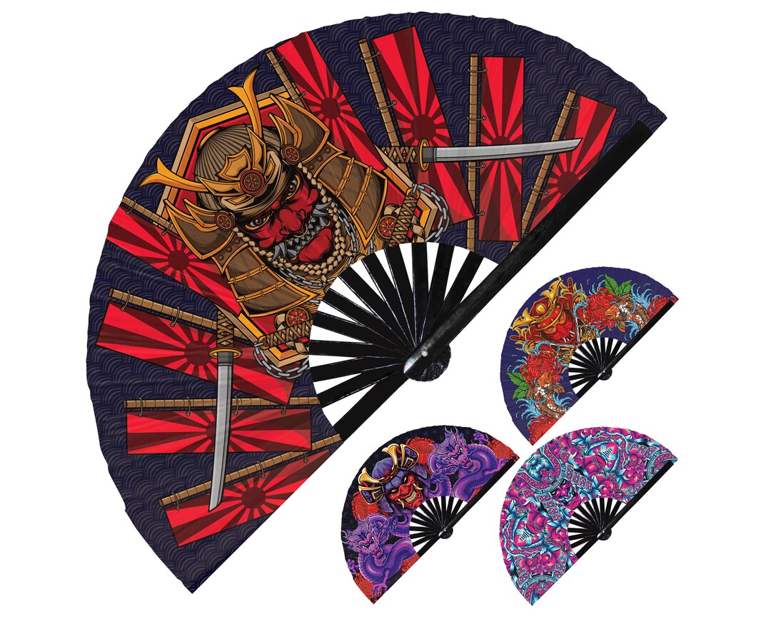 Samurai Mask Oni Mask Hand Fan UV Glow Foldable Bamboo Fan Japanese ...