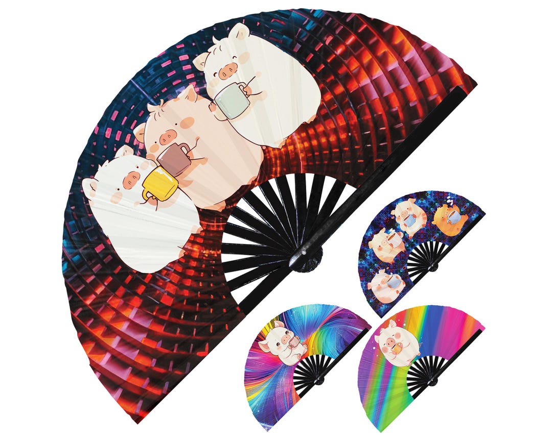 Cute Funny Pig Drinking Coffee Caffeine Cup Fat Piglet Hand Fan ...