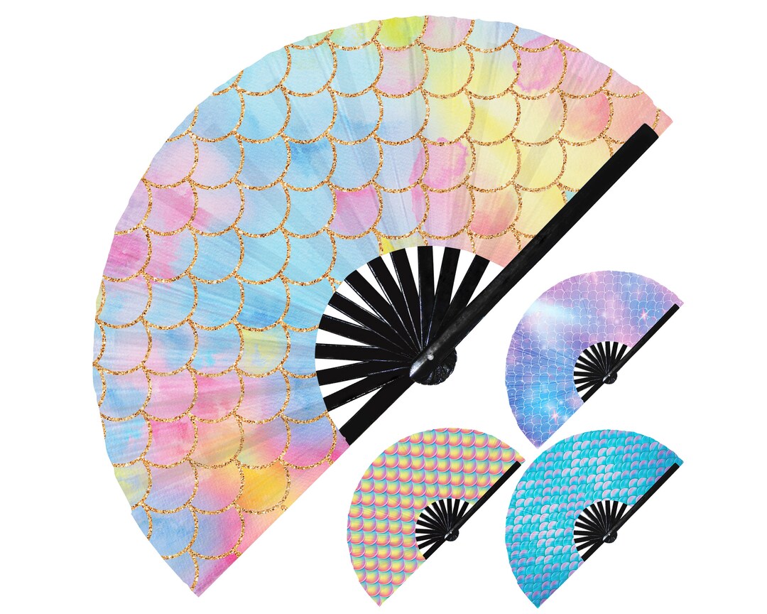 Mermaid Scales UV Foldable Hand Fan Snap Fan Festival Sirena Large Hand ...