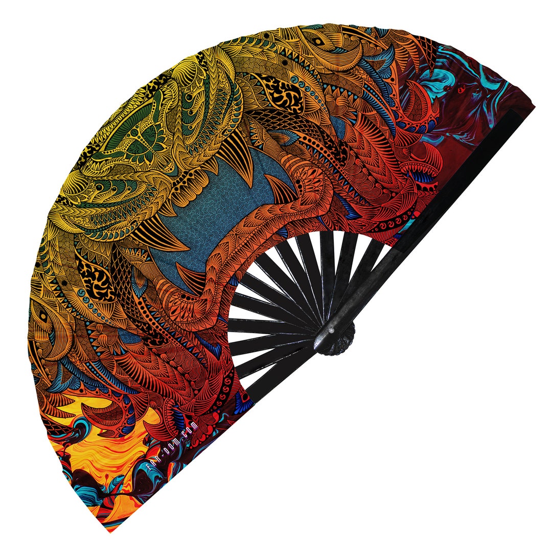 Tribal Lion Hand Fan UV Glow Snap Fan Lion Large Hand Fan Clack Fan ...