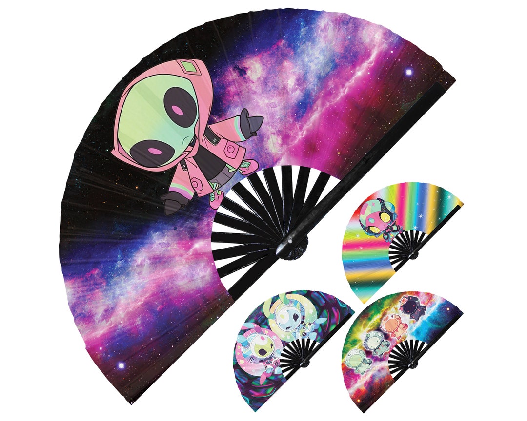 Cute Alien Cartoons Chibi Hand Fan Foldable Bamboo Circuit Rave Hand ...