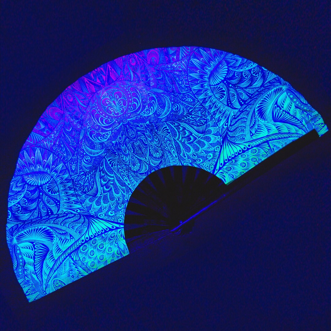 Manta Ray Tribal UV Glow Hand Fan Large Blue Folding Fan for Festivals ...