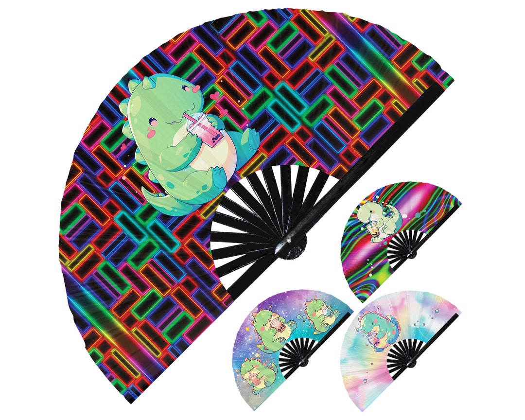 Cute T-rex Dinosaur Boba Tea Kawaii Dino Hand Fan Foldable Bamboo ...