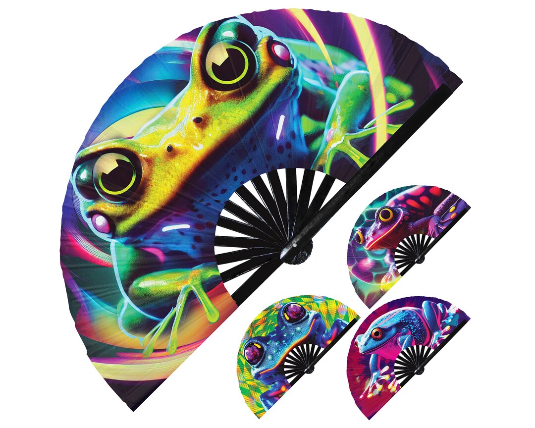 Frog Neon Toad Hand Fan Foldable Bamboo Circuit Rave Hand Fans Rainbow Galaxy Party Gear Gifts ...